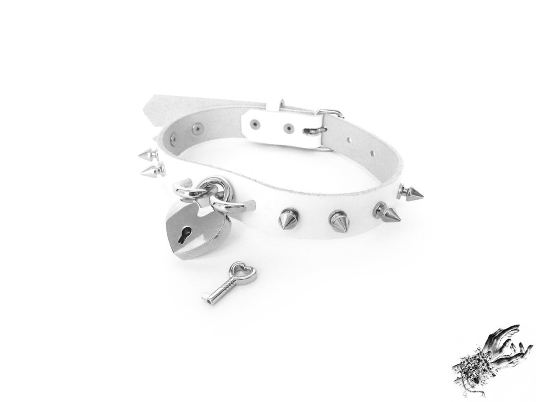 White Studded Heart Padlock Choker With Key, White Spiky Heart Lock ...