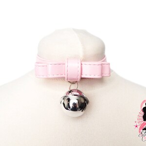Pink Faux Leather Bow and Bell Choker, Pink Vegan Leather Bell Collar ...