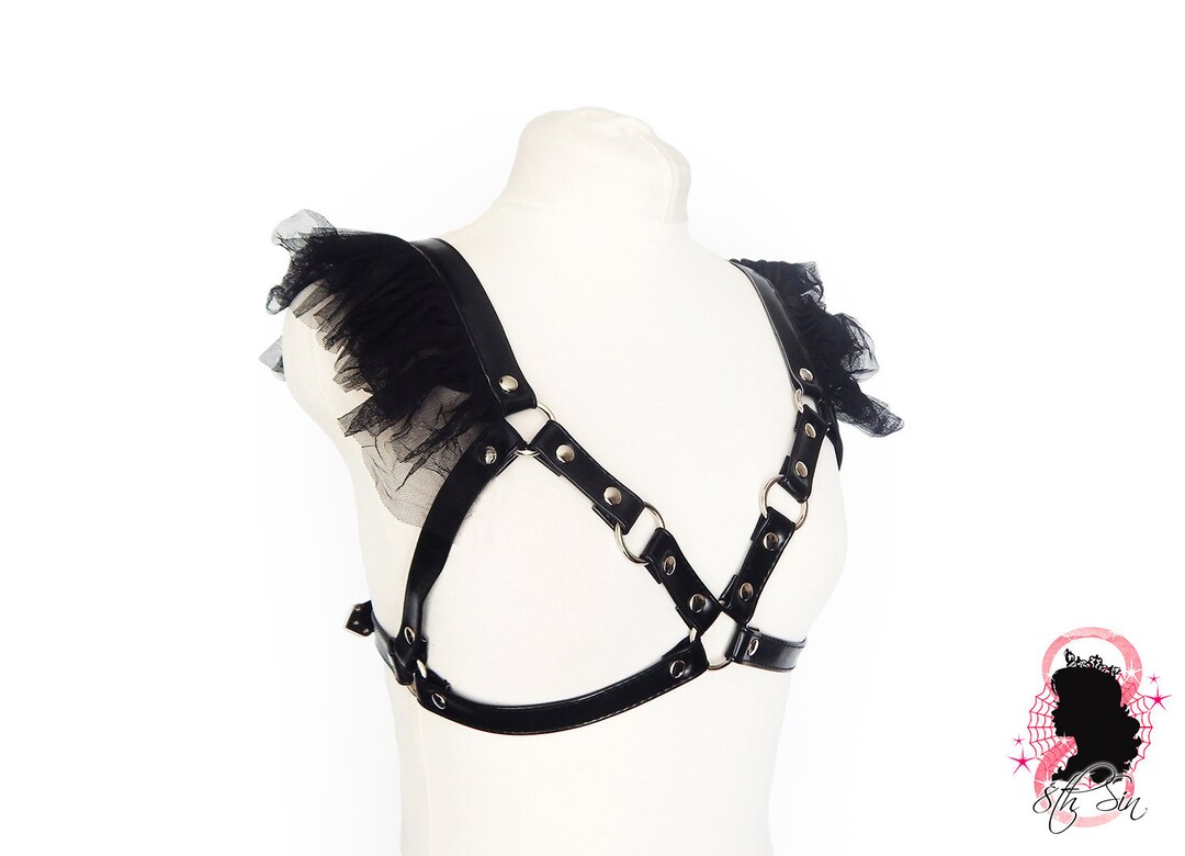 Black Vegan Leather Ruffled Harness Bra, Black Ruffle Harness Bra ...