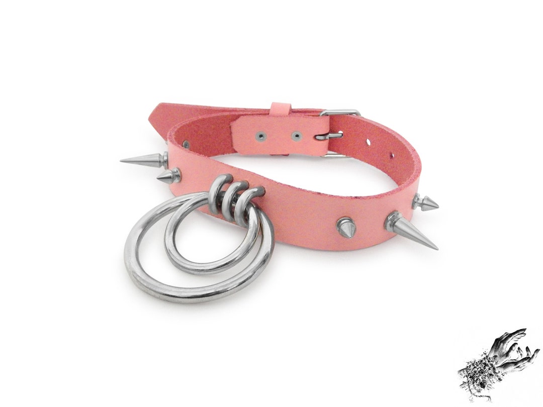 Pink Studded Double O Ring Choker long and Short Spikes, Pink Double O ...