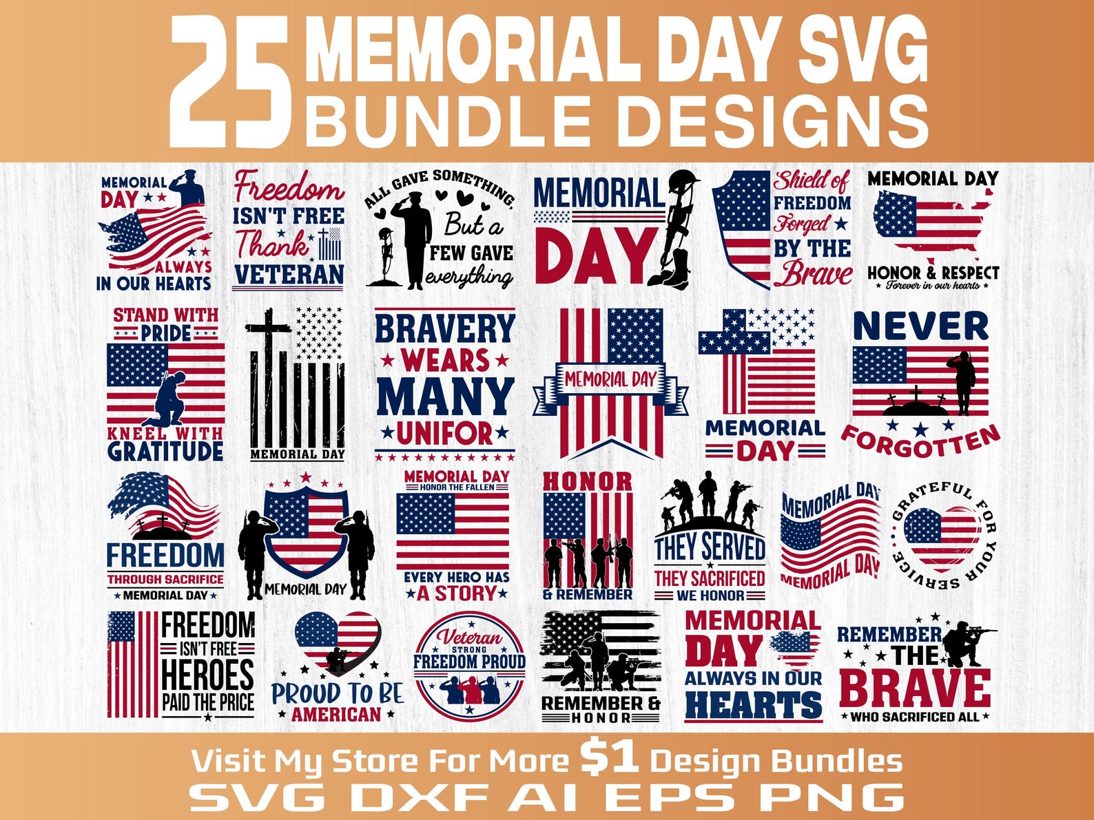 Memorial Day SVG Bundle, 25 Patriotic Design, Military Tribute Cut File ...