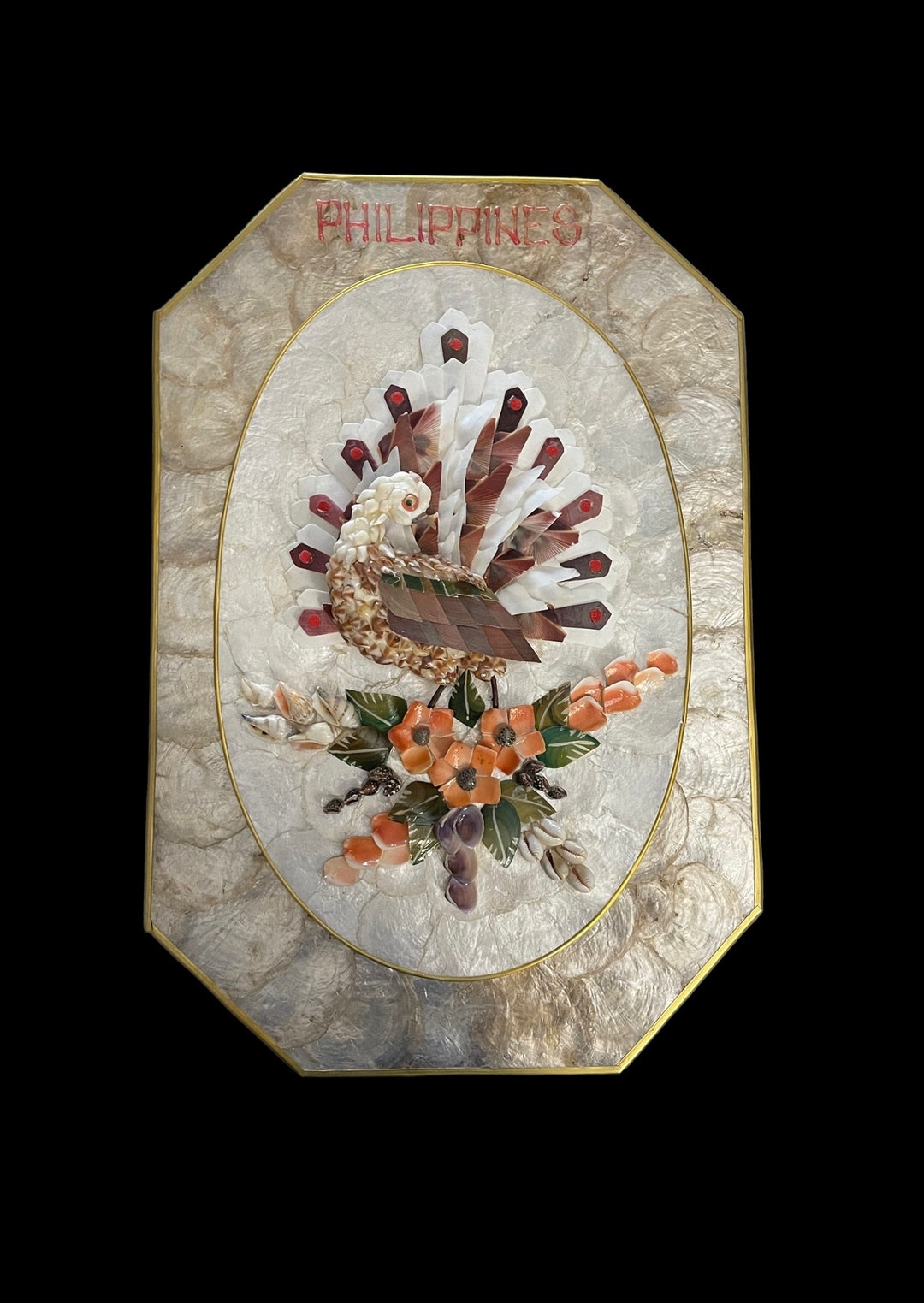 Vintage Oval 3-D Capiz Shell Art Wall Mosiac Peacock With Salmon Color ...