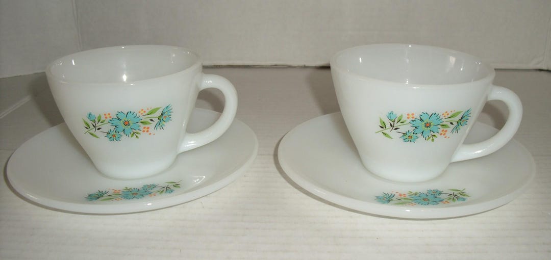 Fire King Cups and Saucers. Anchor Hocking. Two Sets. Blue Floral ...