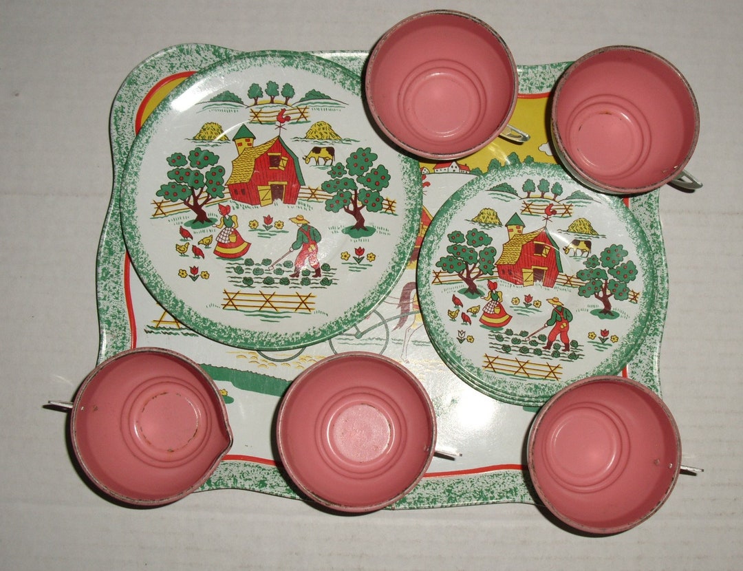 Vintage Ohio Art Country Kitchen Childs Metal Toy Dishes. Farm Scene ...