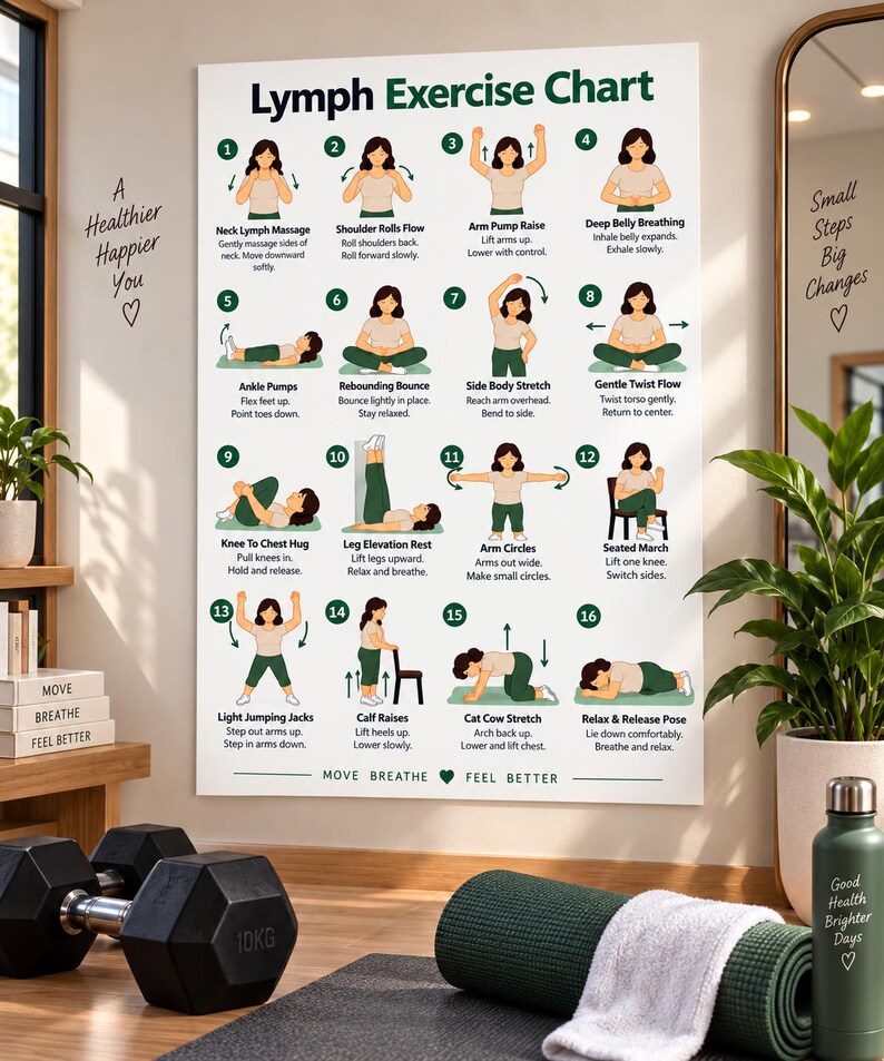Lymph Exercise Chart, Lymphatic Exercises Guide, Lymphatic Movement ...