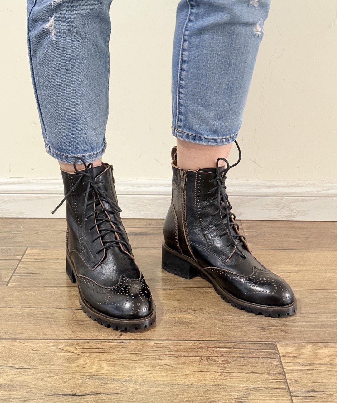 Ankle Oxford Bootie Women's Leather Wingtip Black Color Brogue Boots - Etsy