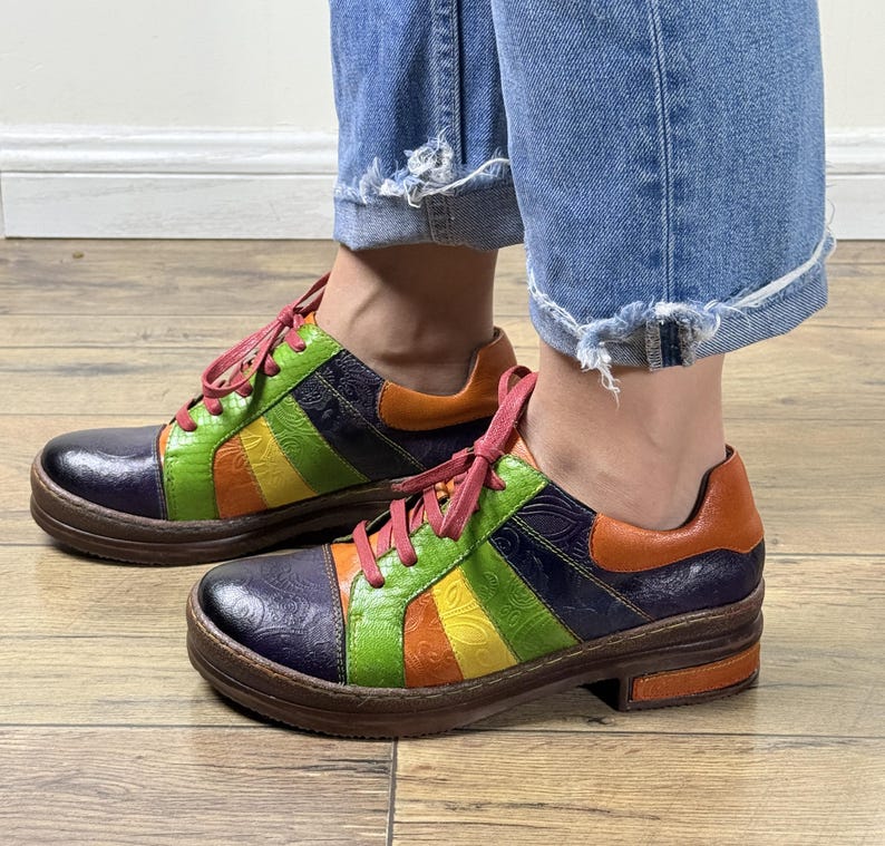 Hand-painted Leather Oxford Shoes - Women’s Multi-color Vintage Lace-up ...