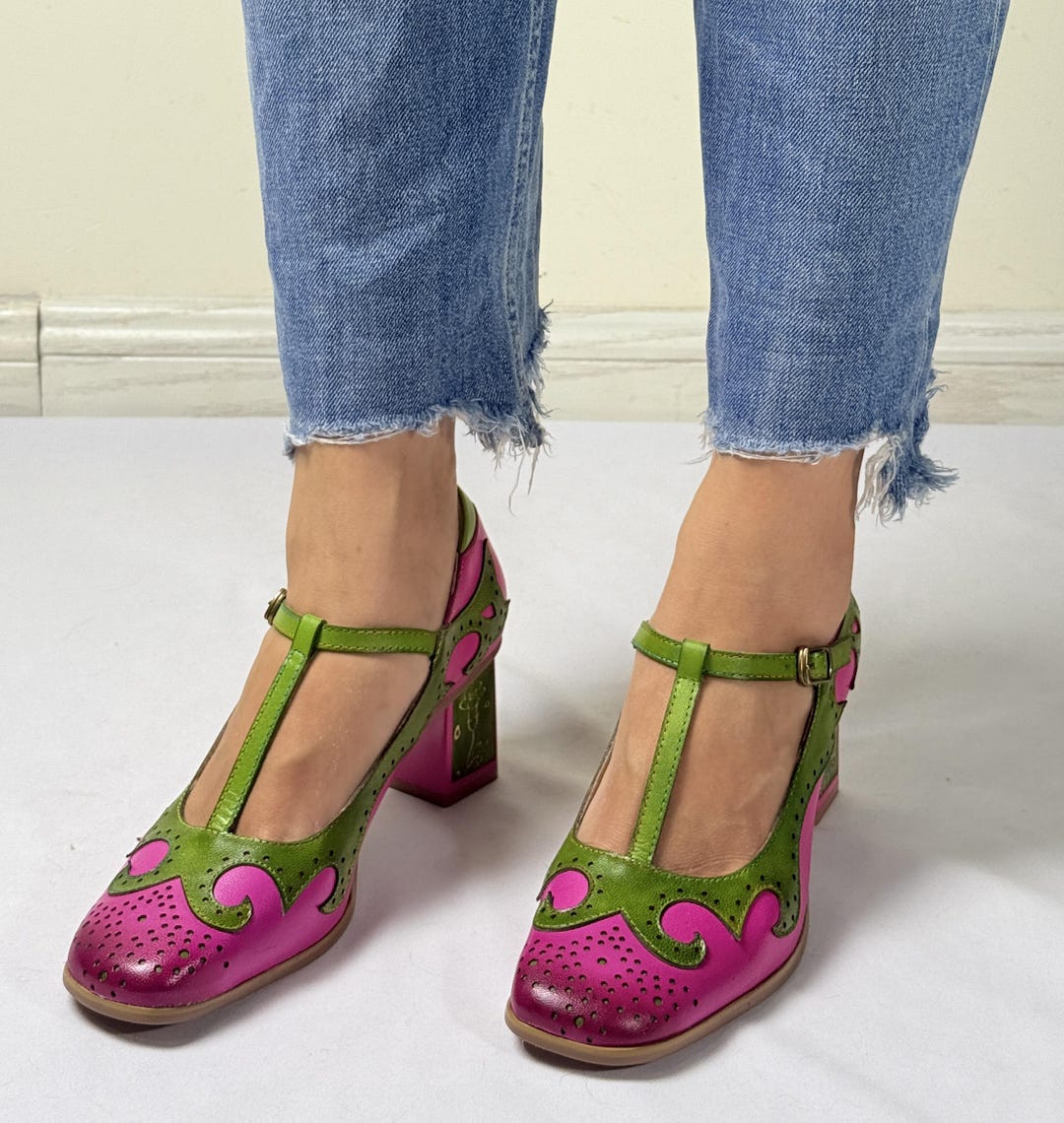 Hand Painted Leather Mary Jane Heels Aritsan T Strap Shoes Cottagecore ...