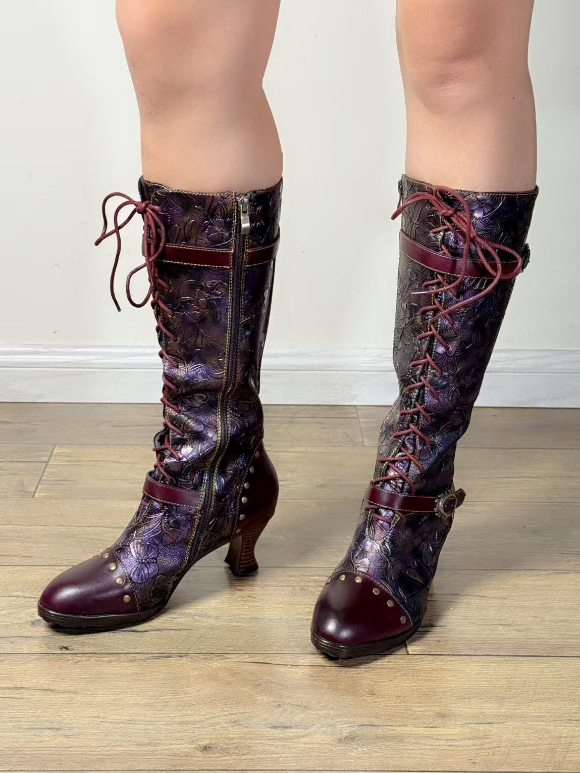 Embossed Real Leather Victorian Boots: Wine Red Lace-up Gothic Heel - Etsy