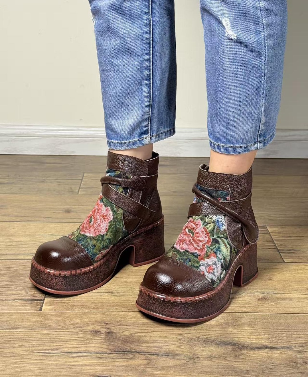 Floral Ankle Boots: Leather & Fabric Platform Booties - Gothic Boho ...