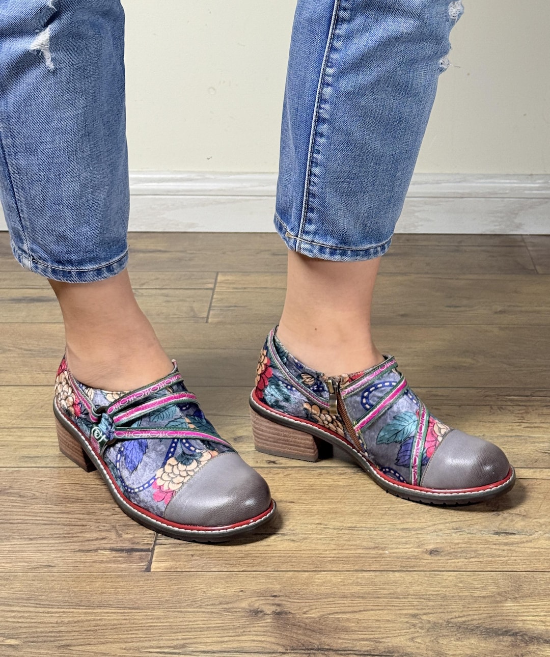 Bohemian Floral Oxford Shoes: Light Grey Fabric, 3cm Heel - Etsy