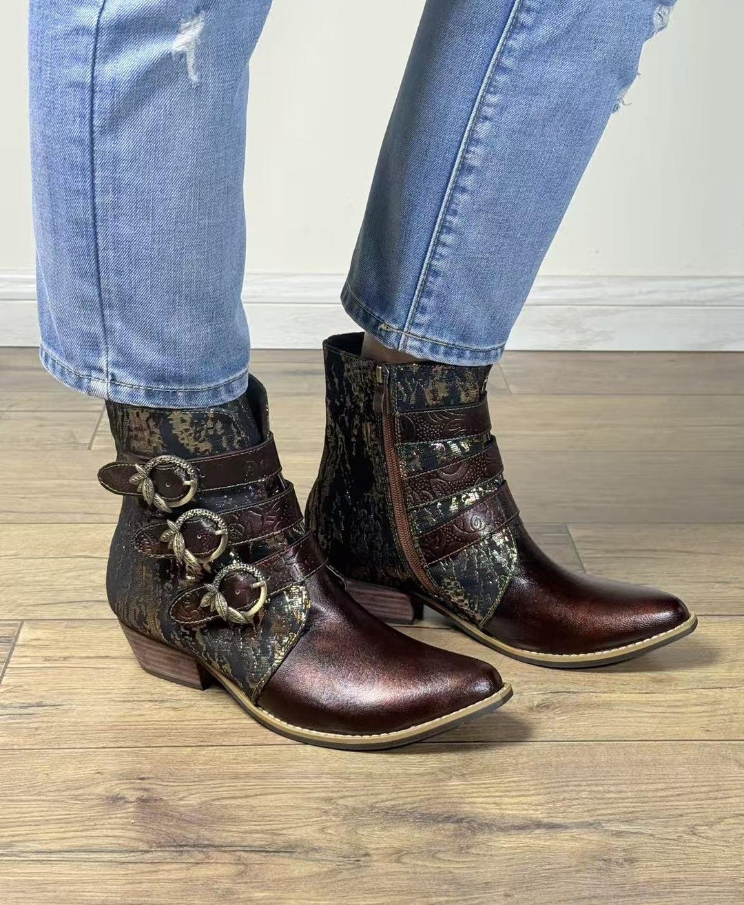 Vintage Bronze Leather Ankle Boots: Buckled Western Bootie - Etsy