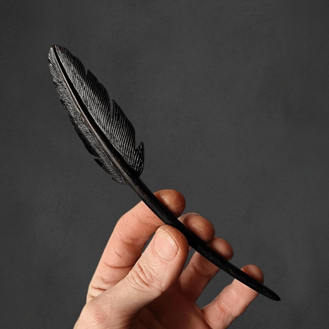 Hand Carved Bog Oak Feather Hair Pin, Dark Wood Artisan Bun Holder and ...