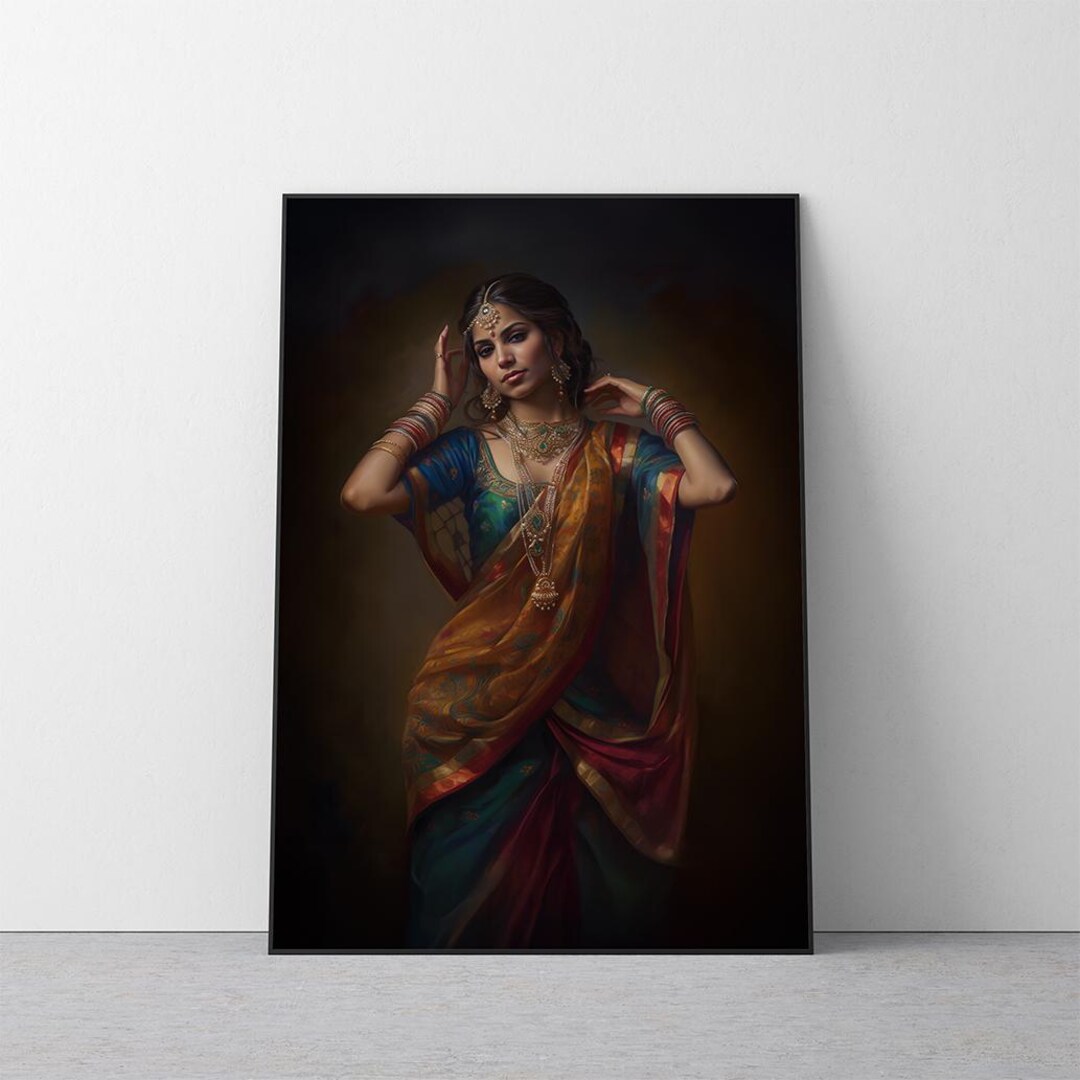 Indian Woman in Saree Portrait, Cultural Canvas Wall Art, Vibrant Saree ...