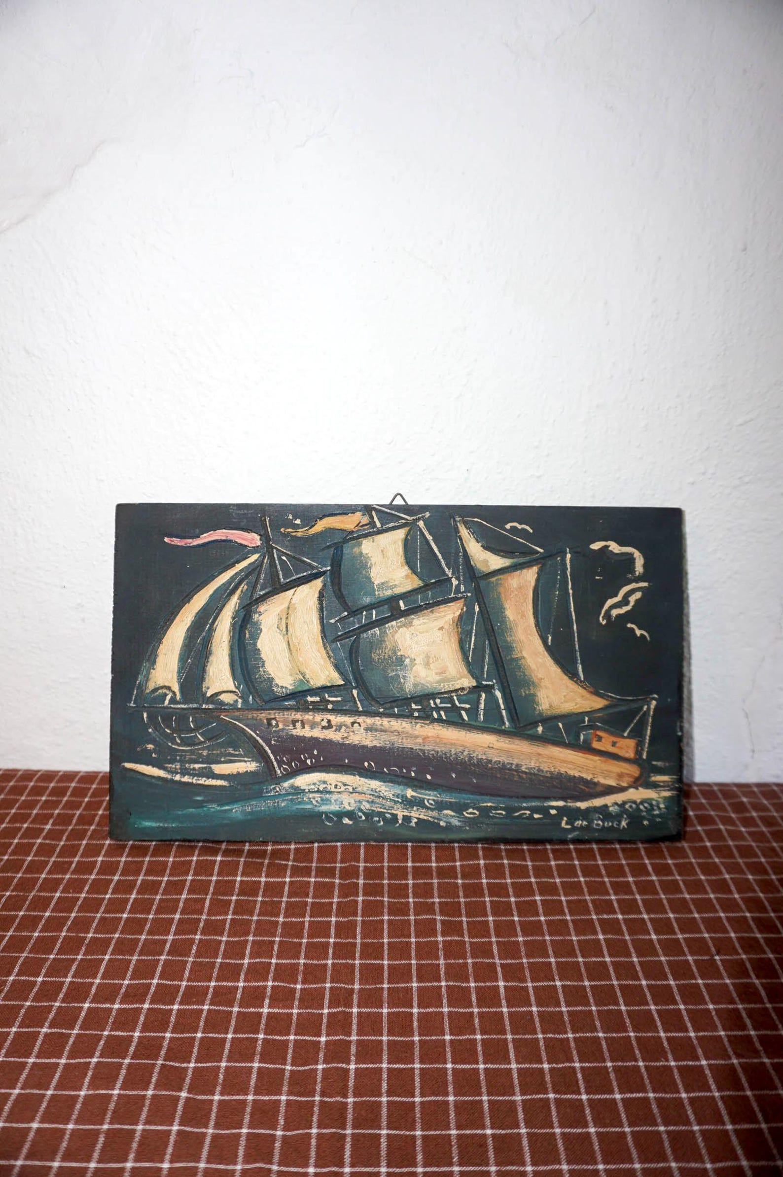 Vintage Carved Wood Ship Plaque * Signed Lee Buck * Hand Painted ...