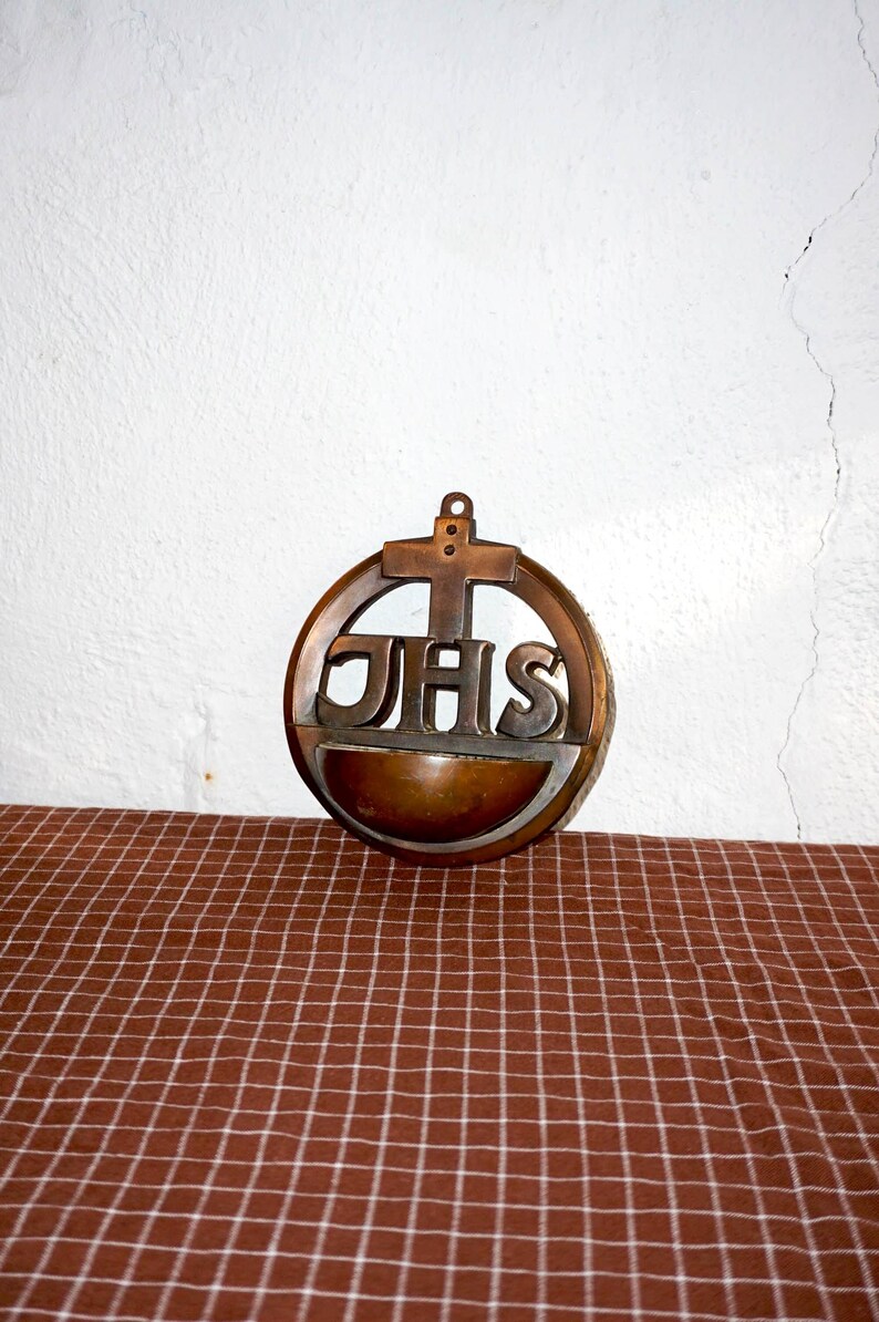 Vintage Jhs Holy Water Font * Brass Wall Font * Scallop Glass Insert ...