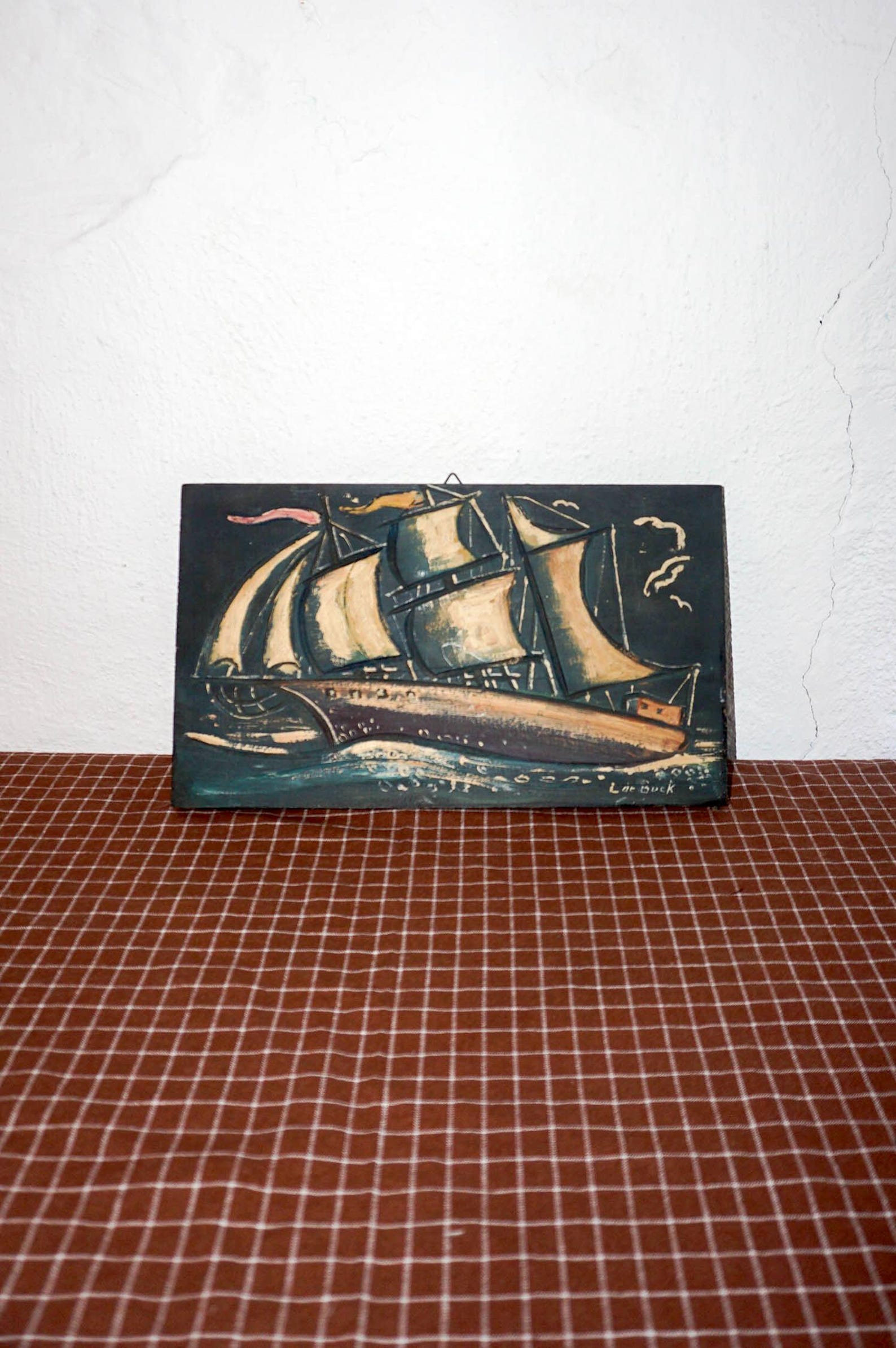 Vintage Carved Wood Ship Plaque * Signed Lee Buck * Hand Painted ...