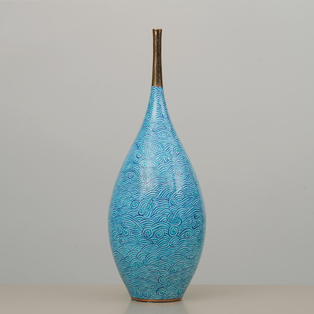 Handmade Blue & Gold Ceramic Vase – 60cm Tall Decorative Tabletop ...