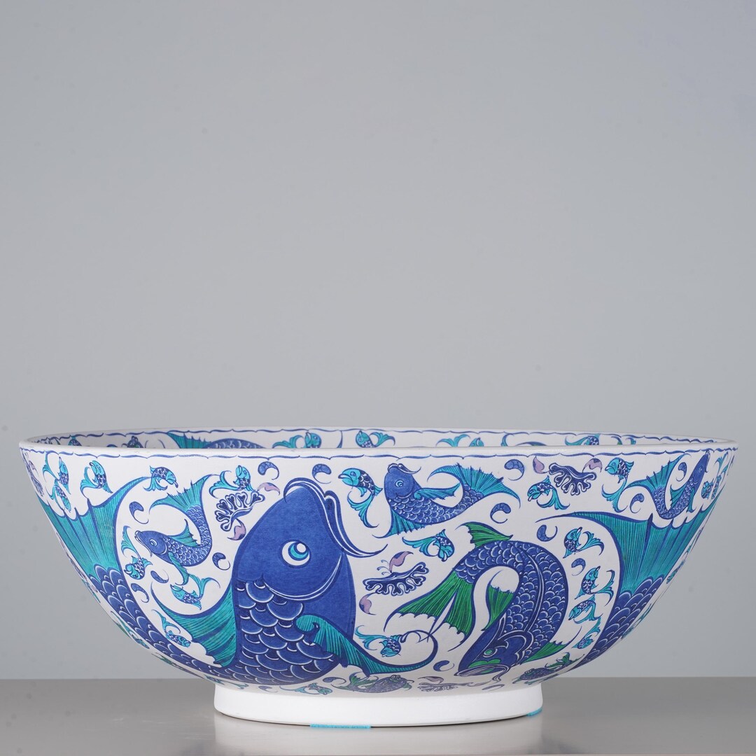 Handmade Blue & White Ceramic Bowl – Large 50cm Decorative Centerpiece ...