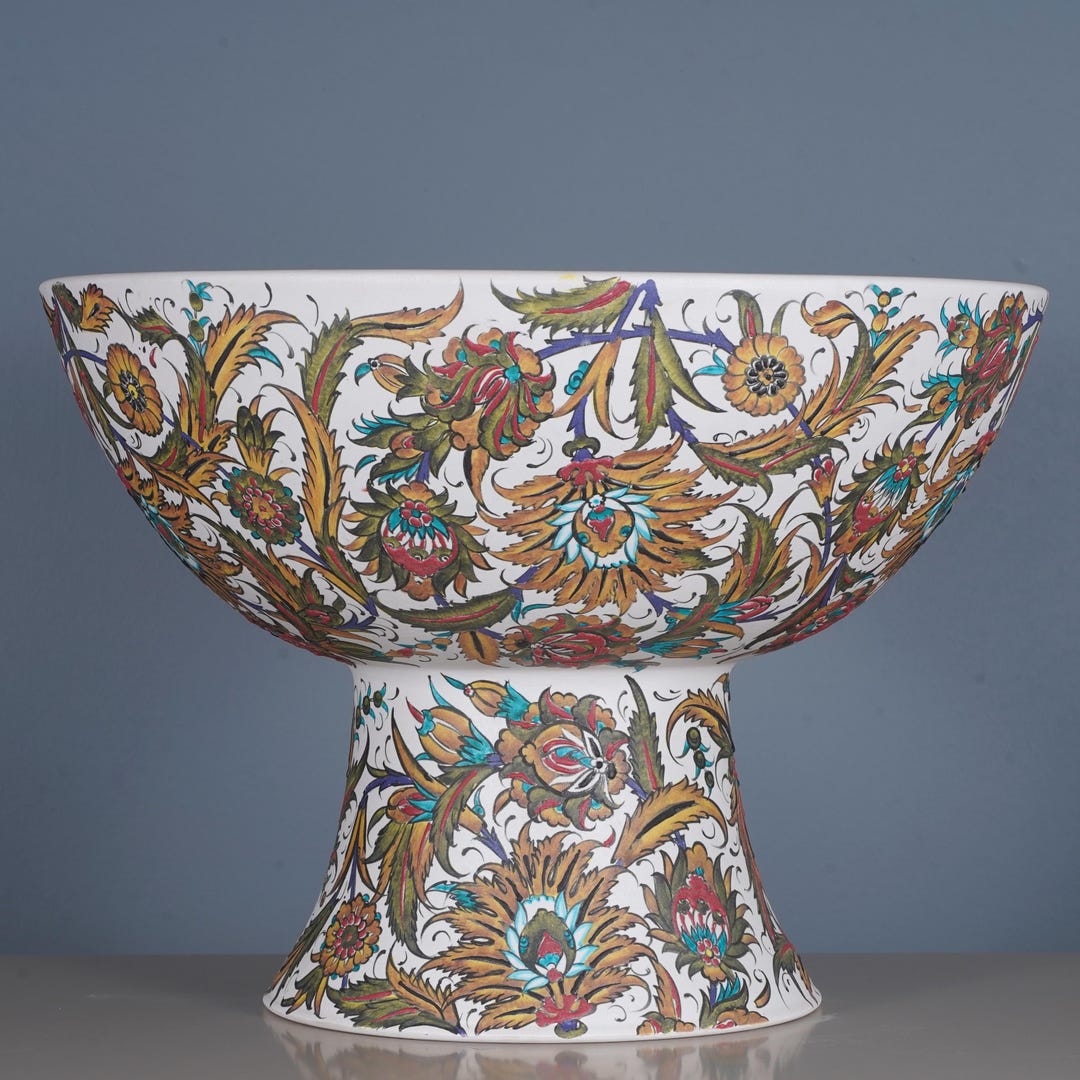 Handmade Yellow & Brown Ceramic Footed Bowl – Large 50cm Decorative ...
