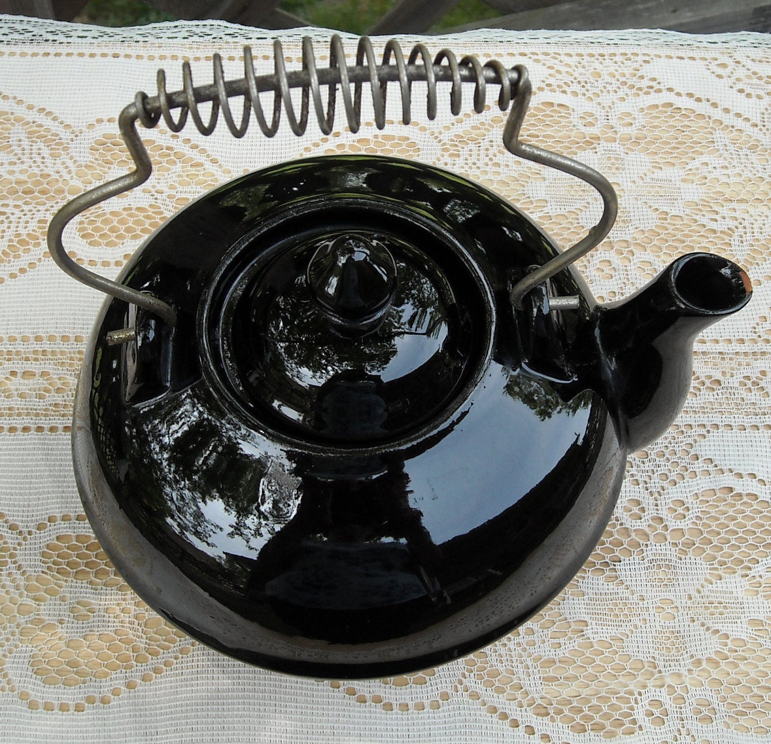 Antique Black Ceramic Teapot With Metal Coil Handle - Etsy