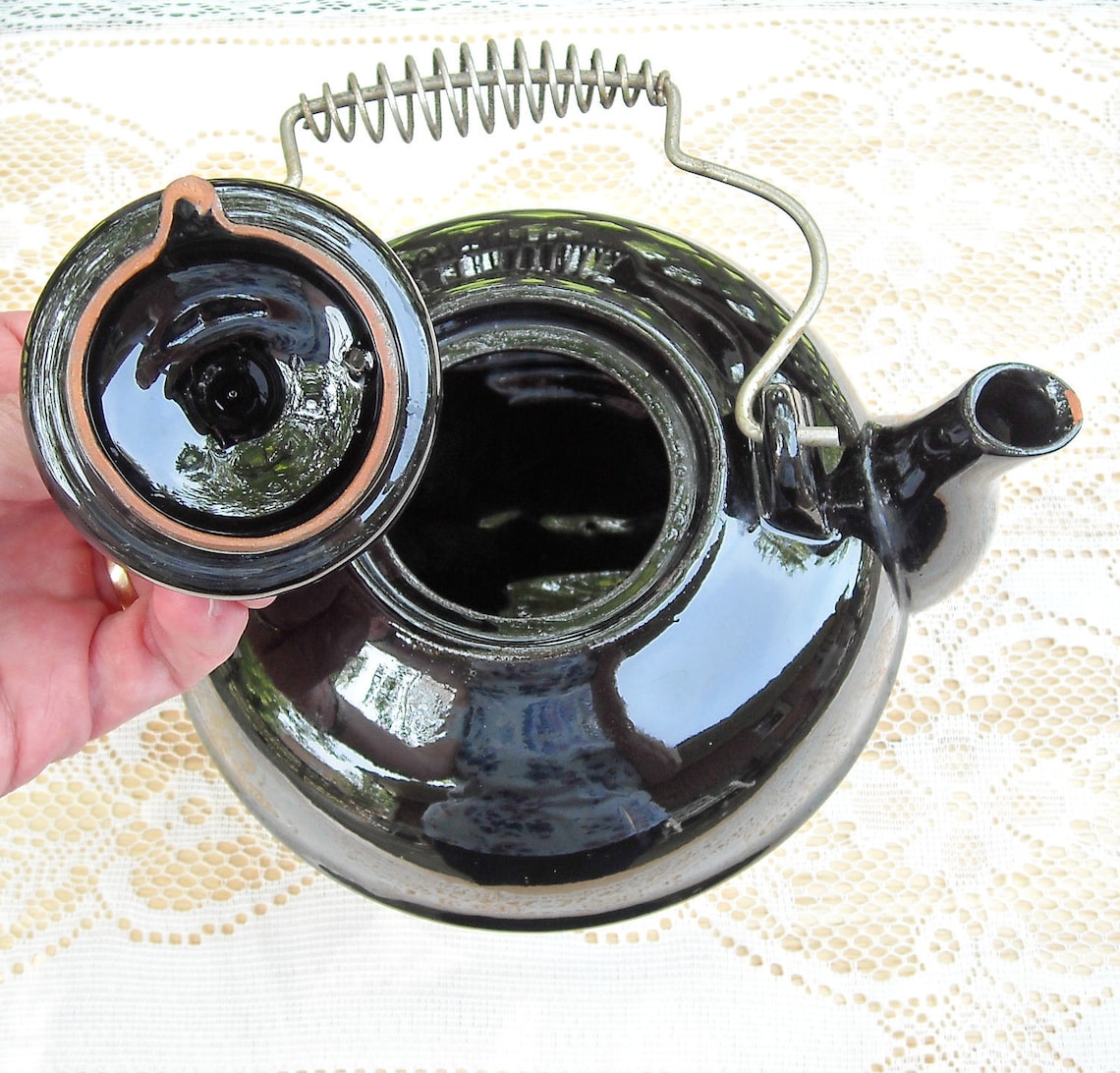 Antique Black Ceramic Teapot With Metal Coil Handle - Etsy