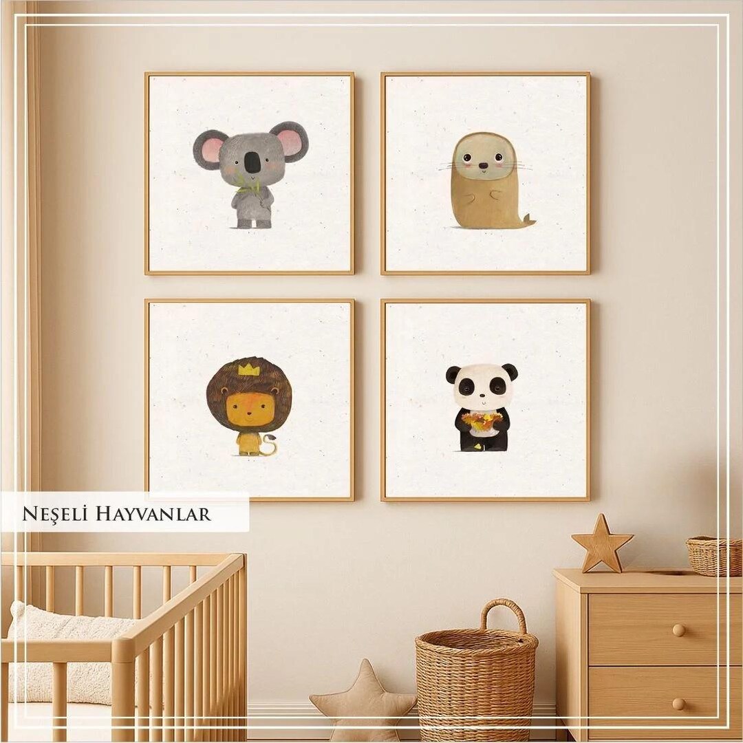 Cute Koala, Panda, Lion & Otter Prints – Glass Covered Kids Room Decor ...