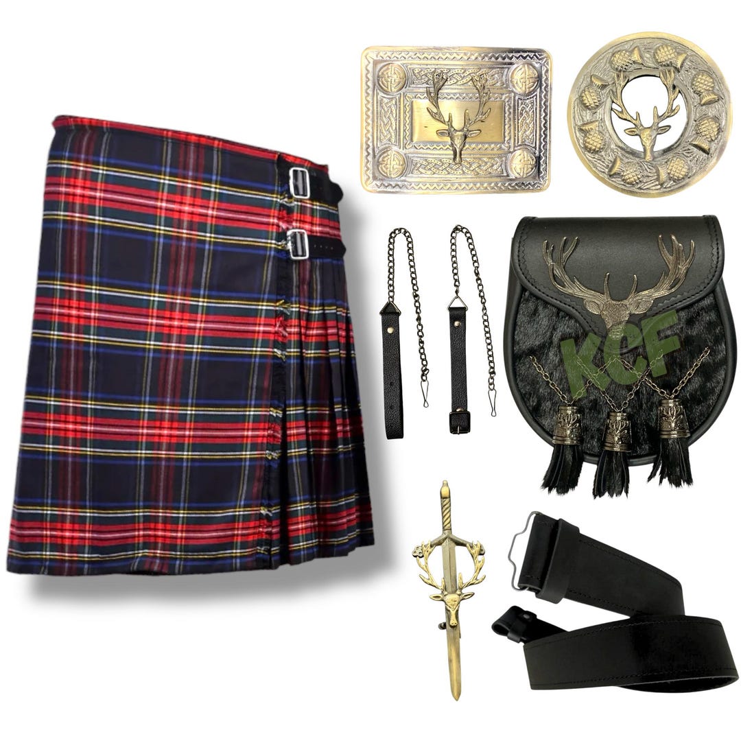 Scottish Men's 7 Pieces Kilt Outfit Stage Head Wedding Kilt Set ...