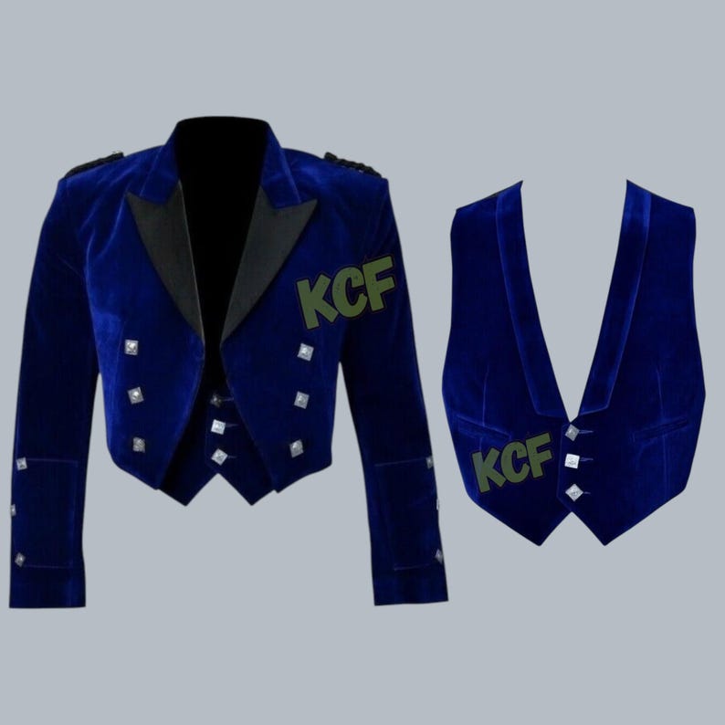 Men's Blue Velvet Prince Charlie Jacket Scottish Kilt Jacket With 3 ...