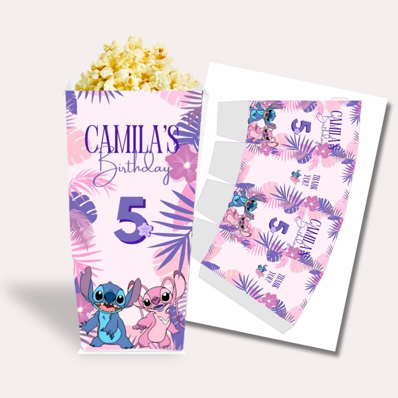 Stitch and Angel Birthday Popcorn Box Template | Pink Purple Tropical ...