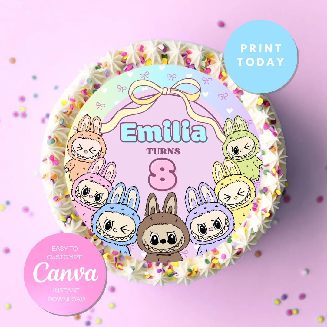 Labubu Round Cake Topper Template | Editable Canva Template | Printable ...