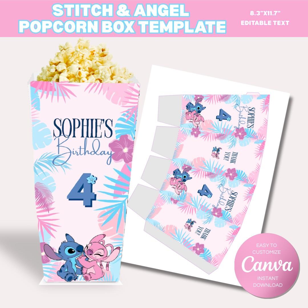 Inspired Stitch and Angel Birthday Popcorn Box Template | Tropical ...