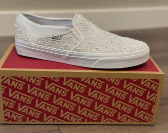 Bride White Custom Vans With Pearls – Handmade Wedding Shoes – Slip-on ...