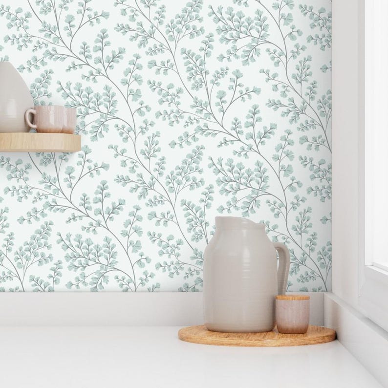 Spa-inspired Pale Green Wallpaper | Botanical Cottagecore Wallpaper ...