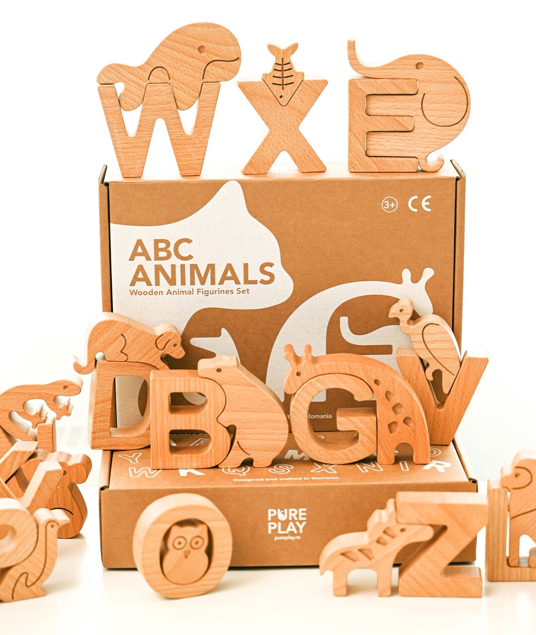 Wooden ABC Animals Set, Montessori Alphabet Toy, 52 Solid Beech Pieces ...