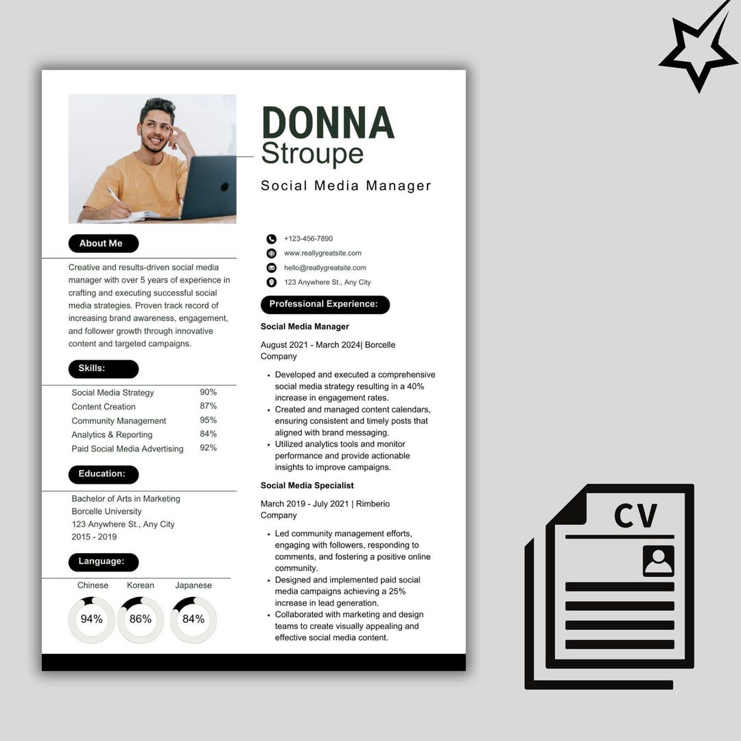 Editable Social Media Manager Resume | Professional CV Template ...