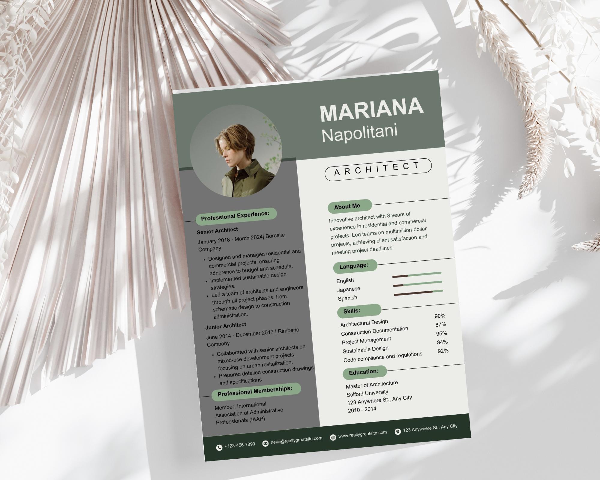 Editable Printable Senior Architect CV Resume Template | Professional ...