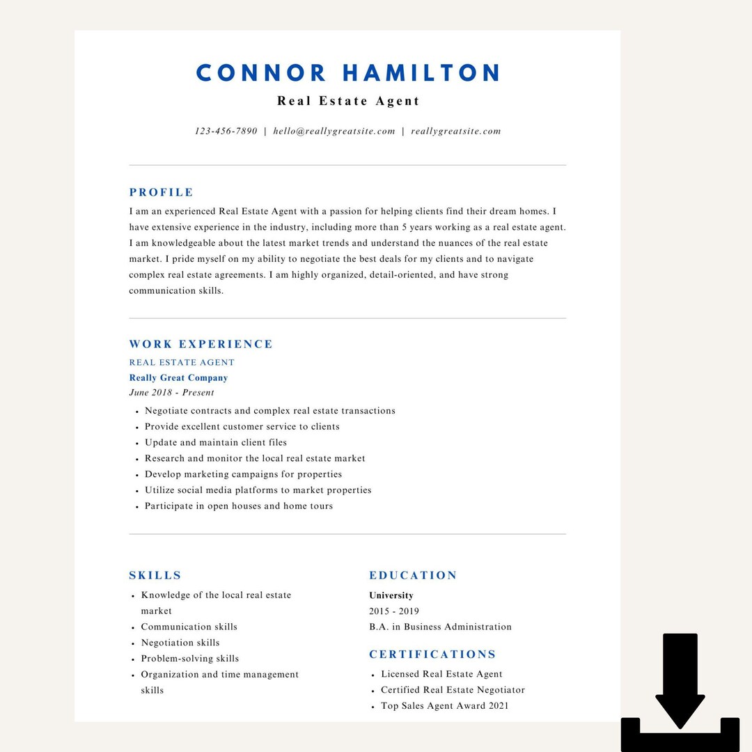 Editable Real Estate Agent CV Resume | Printable Modern Template ...