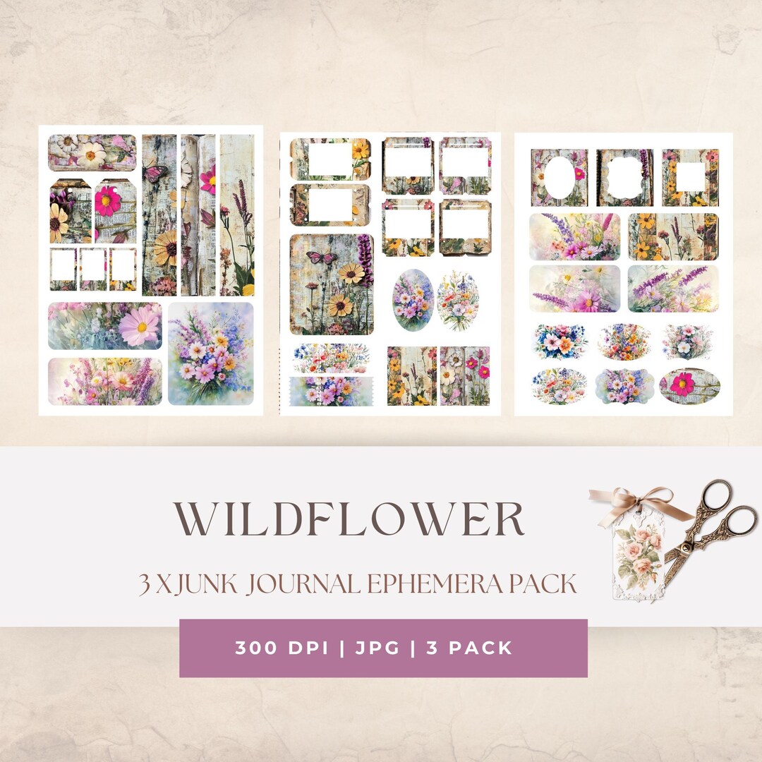 Wildflower Junk Journal Kit - Printable Pages - Vintage Floral Ephemera ...