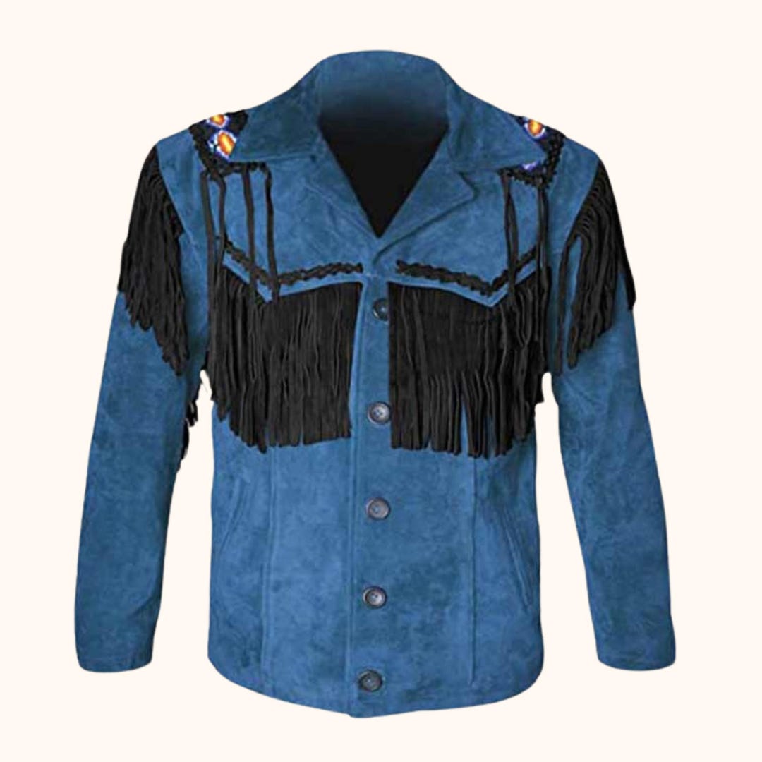 Men’s Blue Suede Fringe Jacket, Western Cowboy Leather Coat, Native ...