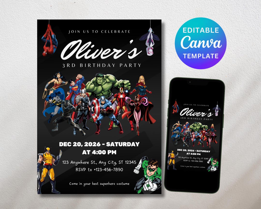 Editable Superheroes Birthday Invitation, Superhero Birthday Invite ...