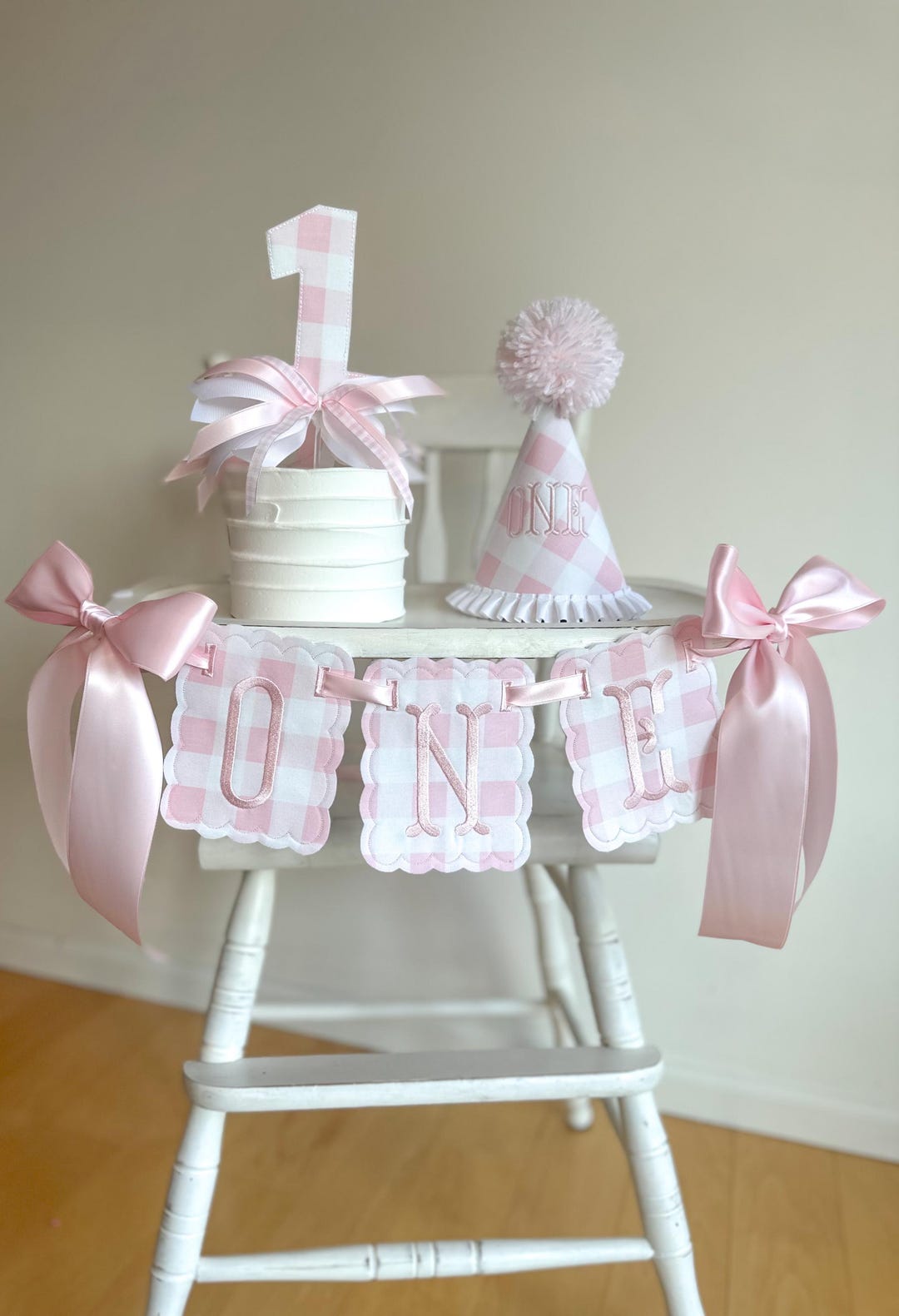 Pink & White Gingham First Birthday Banner, Hat, Cake Topper | Classic ...