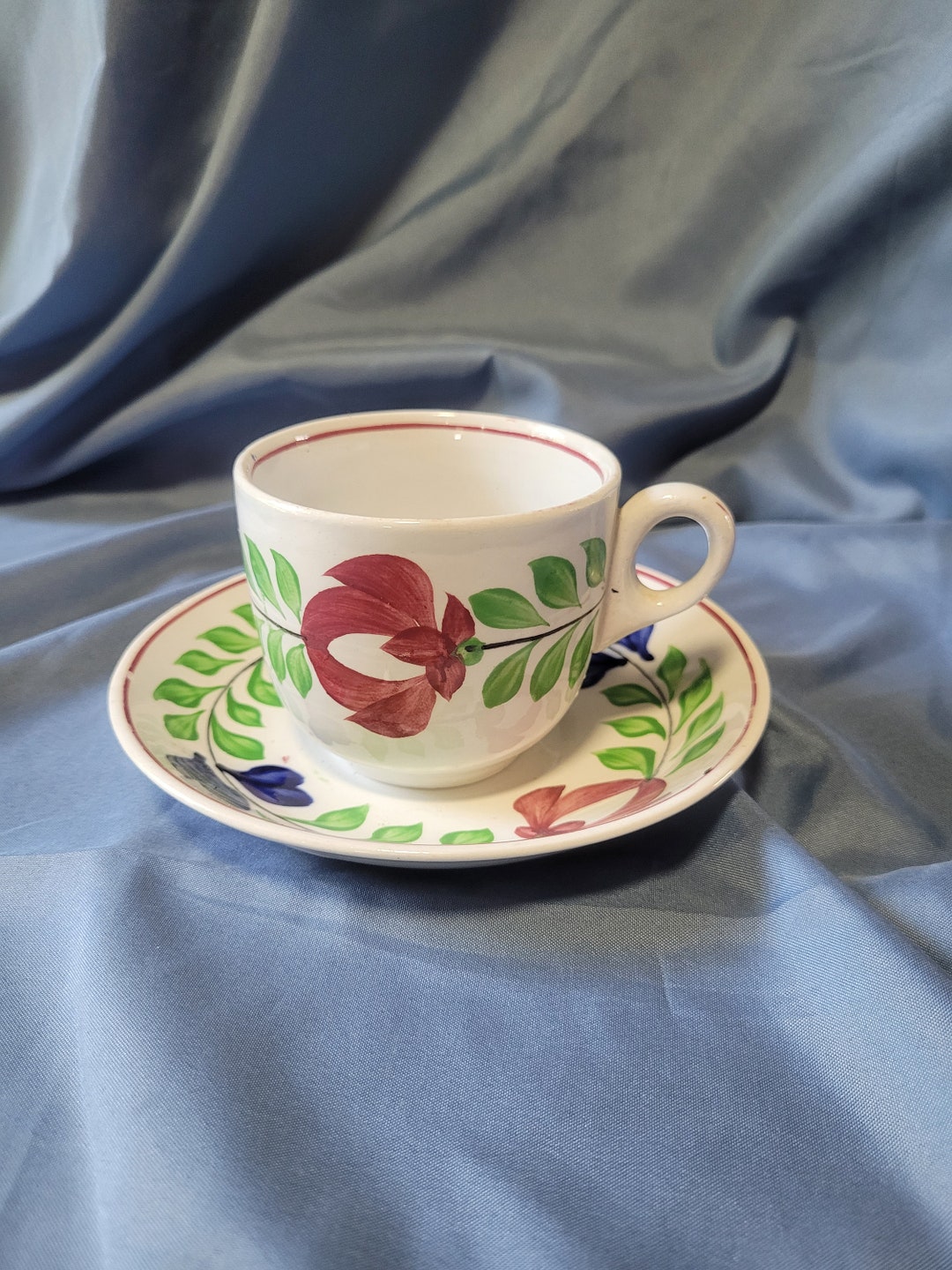 Antique Stick Spatterware Handpainted Pottery Teacup and Saucer Set ...