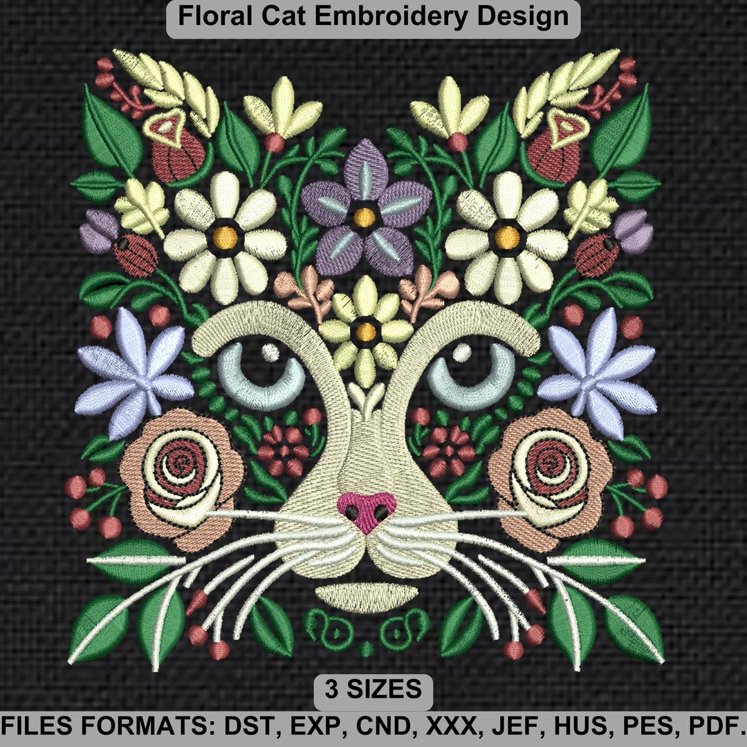 Floral Cat Embroidery Design, Animal Embroidery Design, Cat Machine ...