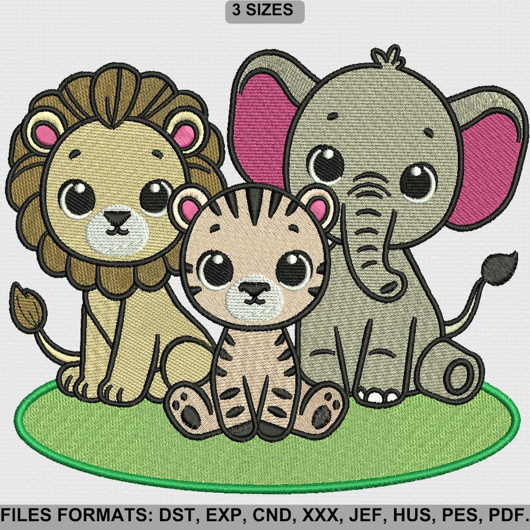 Baby Safari Animals Embroidery Design, Lion, Tiger, Elephant Embroidery ...