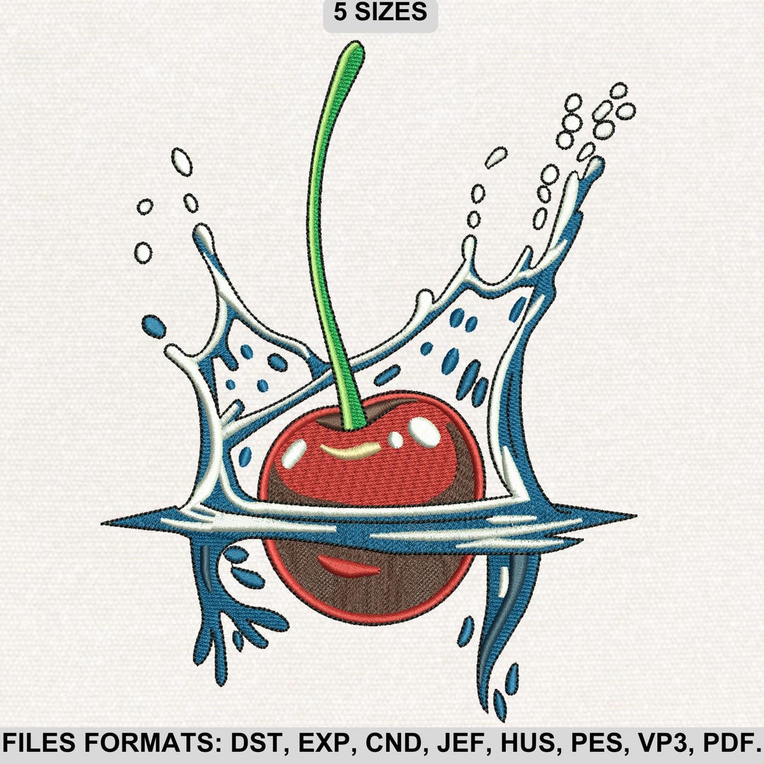 Cherry Splash Embroidery Design, Summer Juice Theme, 5 Sizes, Instant ...