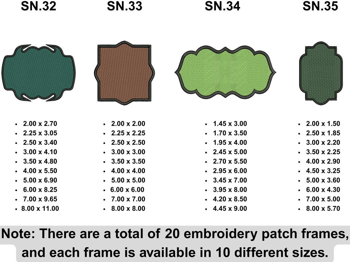 20 Shape Embroidery Patch Frame Bundle, 10 Sizes Each, Machine ...