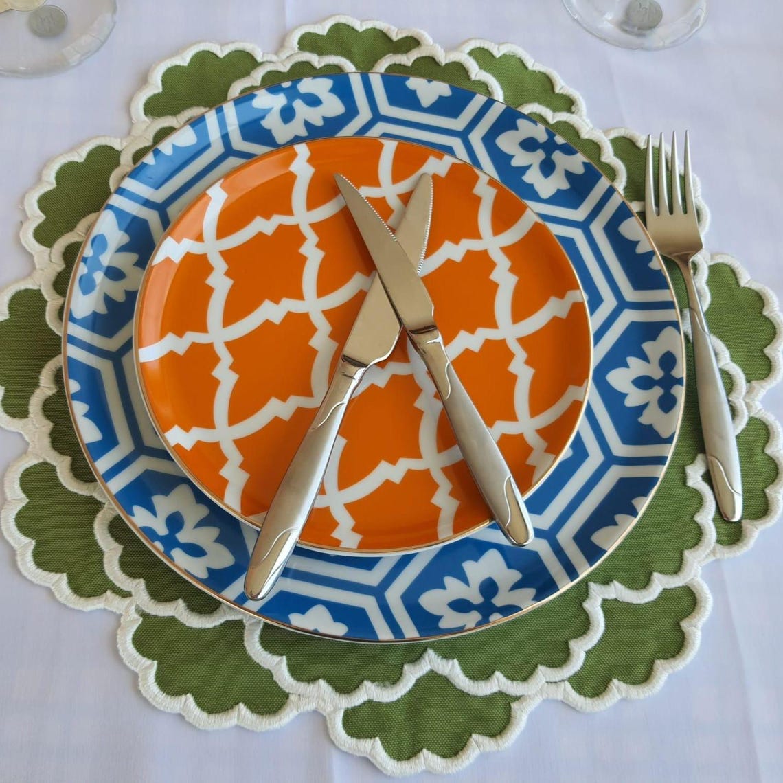 Elegant Green and White Handmade Fabric Placemat With Scalloped Edge ...