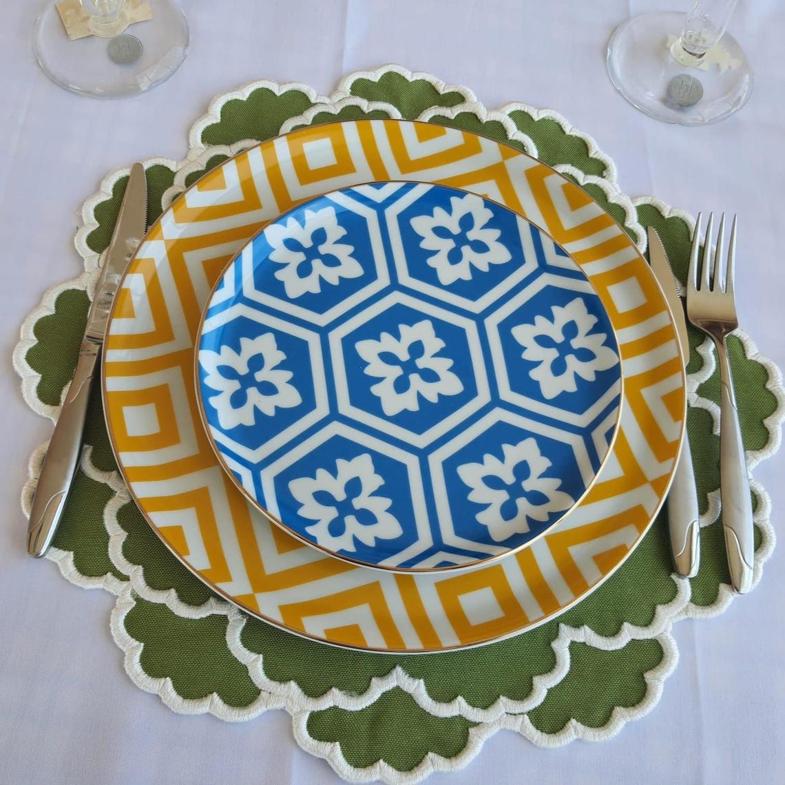 Elegant Green and White Handmade Fabric Placemat With Scalloped Edge ...