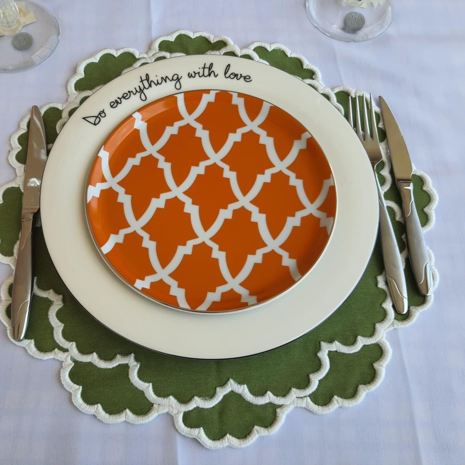 Elegant Green and White Handmade Fabric Placemat With Scalloped Edge ...